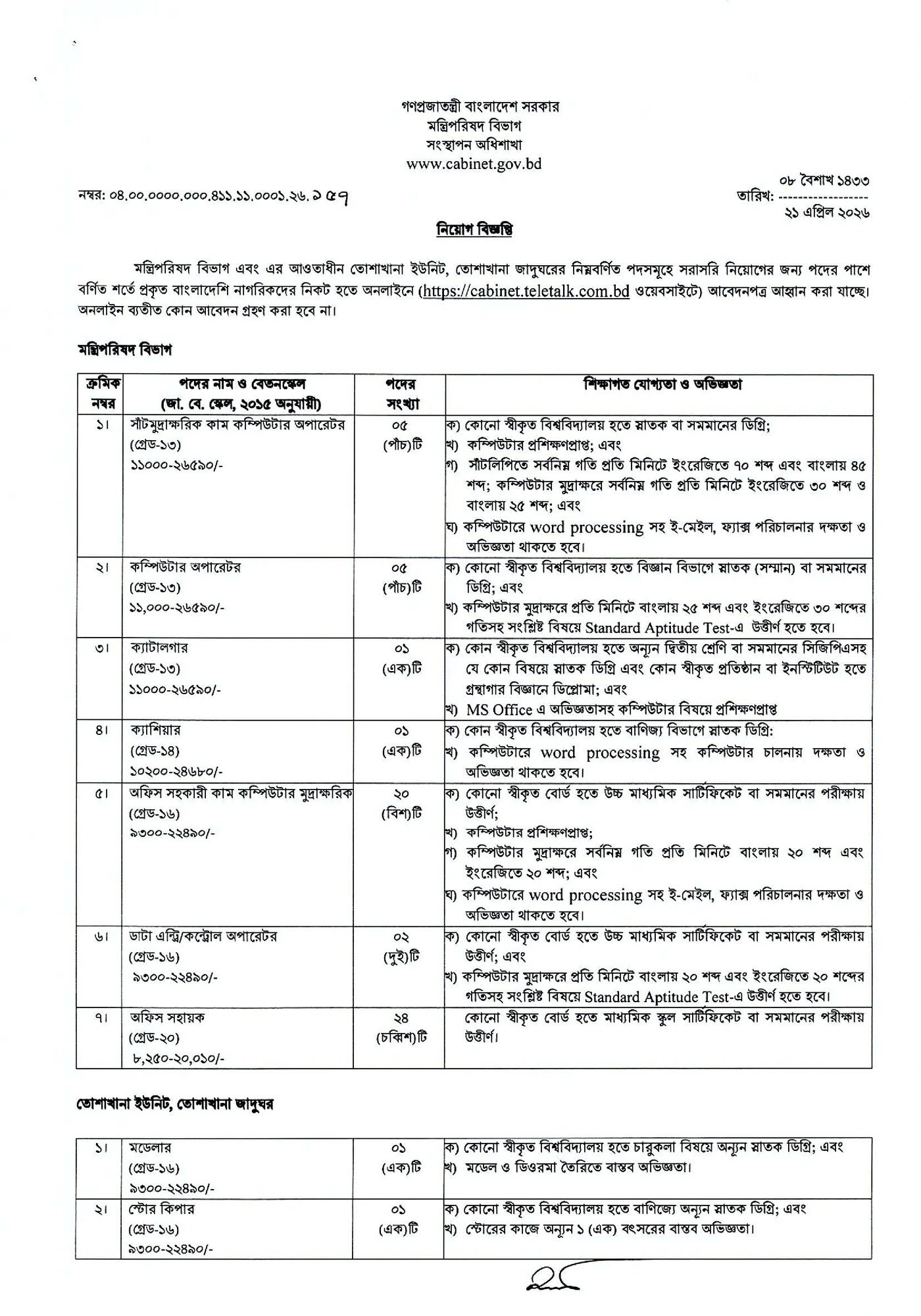 মন্ত্রিপরিষদ বিভাগ নিয়োগ বিজ্ঞপ্তি ২০২৬: Cabinet Division Job Circular ...