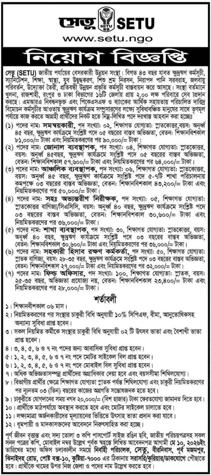 SETU NGO Job Circular 2026 – সেতু এনজিও নিয়োগ বিজ্ঞপ্তি ২০২৬ (১৯৭ জন ...